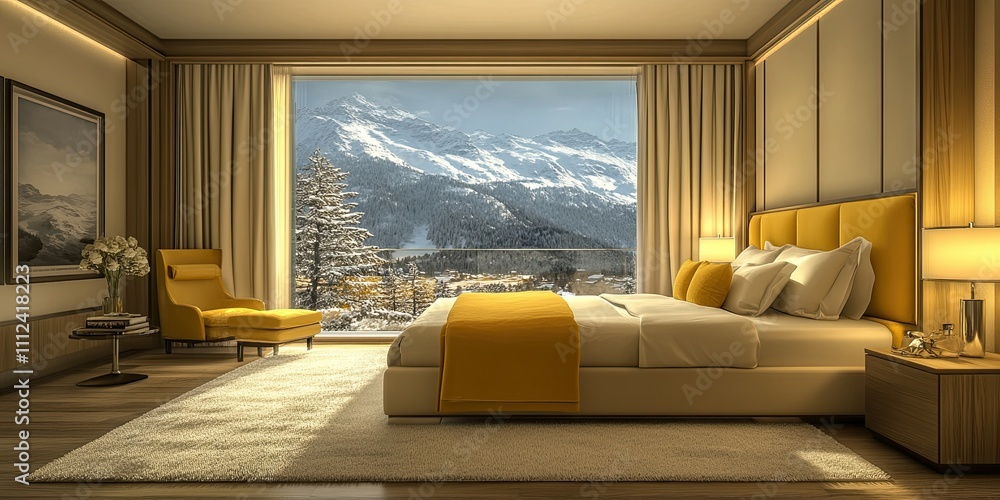 yellow and cream hotel room design with luxury bed and elegant wooden ...