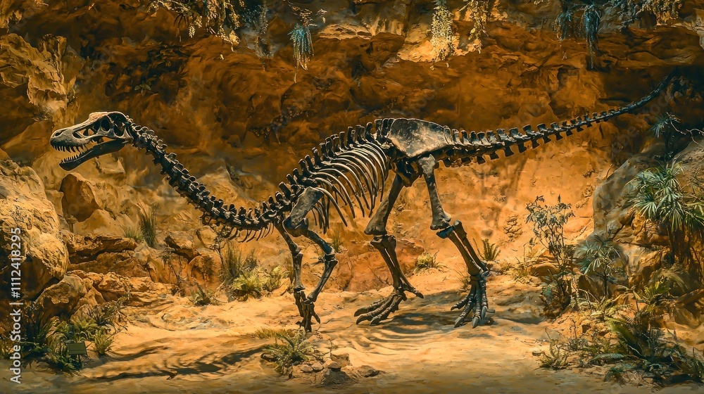 A dramatic view of a dinosaur skeleton in an open display, with soft ...