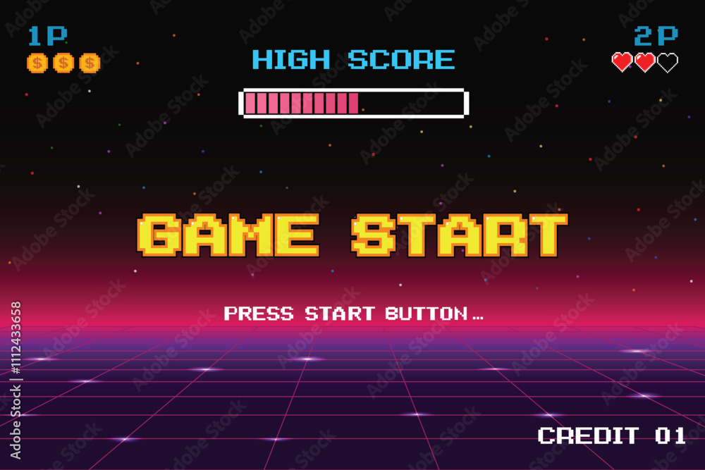 GAME START. pixel art. 8 bit game. retro game. for game assets in ...