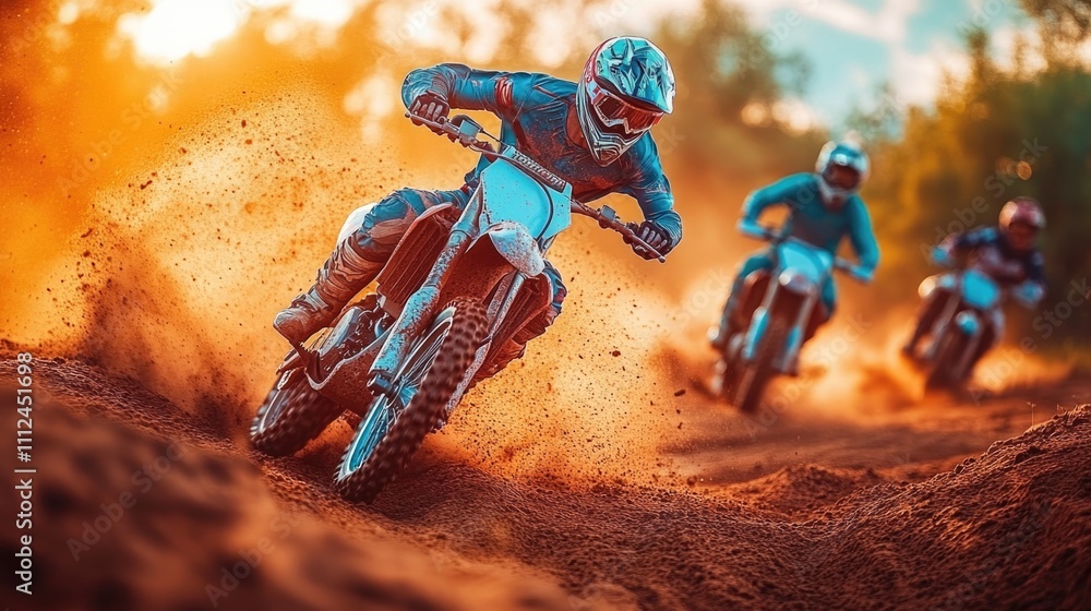 Motocross racers racing over off-road terrain. Dirt bikers riding ...