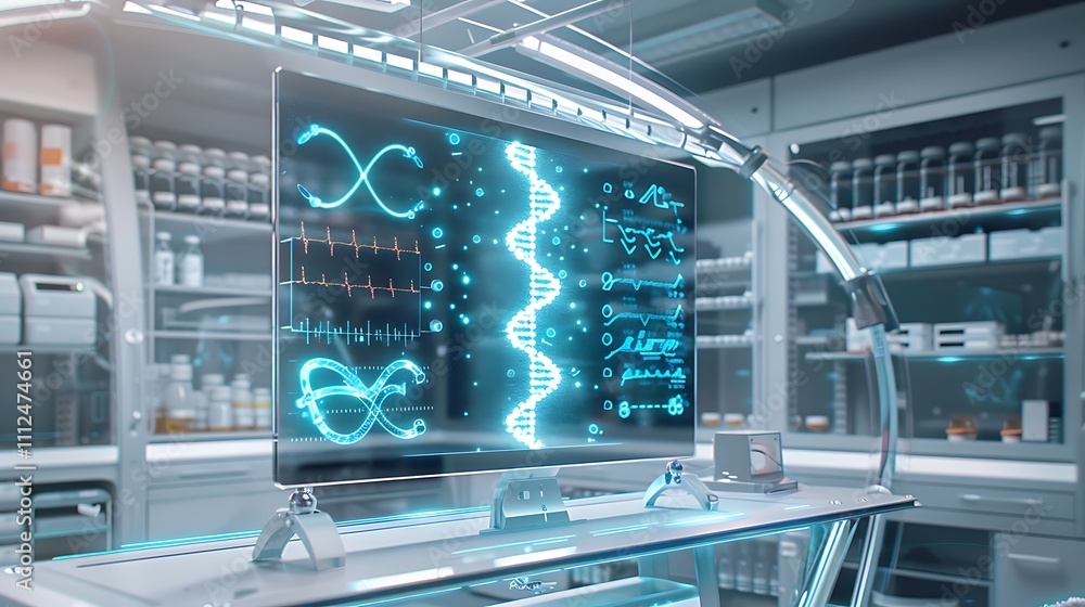 A modern conference room with a large screen showing a detailed neural ...