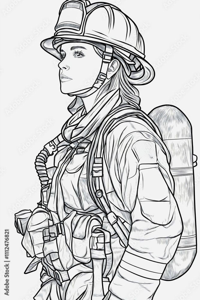 Female firefighter coloring page for children, educational firewoman ...
