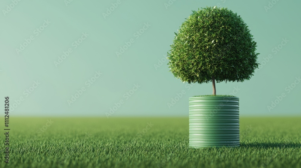 battery replacement recycling. A small, round tree sits atop a green ...