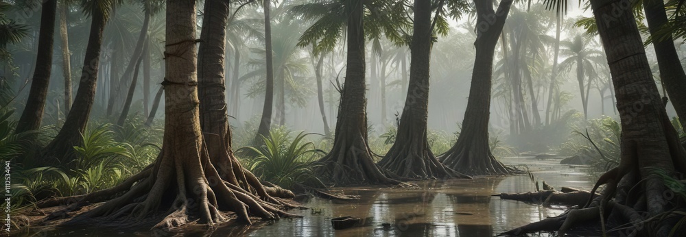 Coconut tree trunks leaning against each other in the swampy ground ...