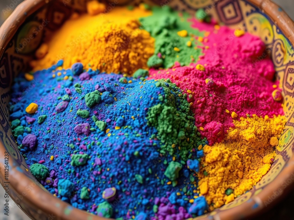 Colorful gulal in a traditional earthen bowl with intricate designs and ...