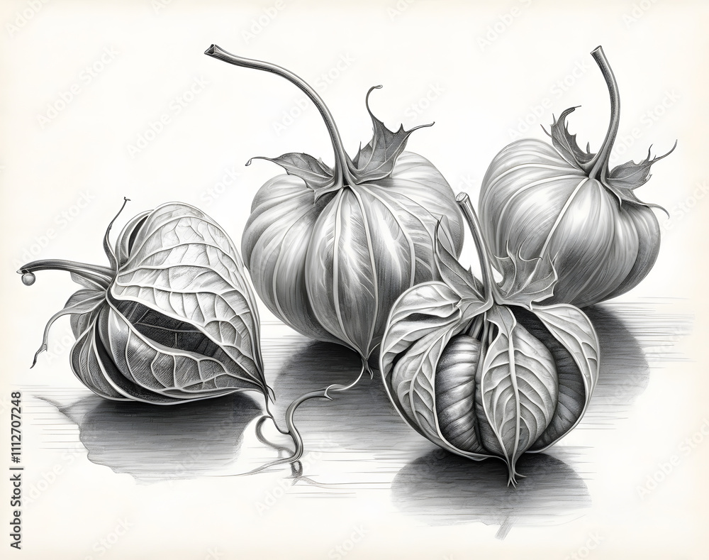 Physalis with a beautiful lantern-shaped calyx, black and white drawing ...