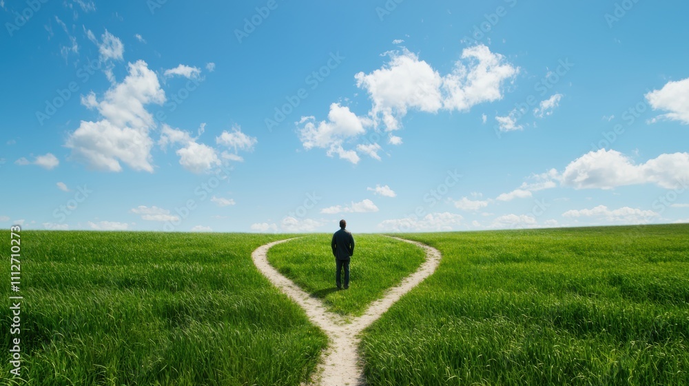 Crossroads in an open field with a man hesitating between two paths ...