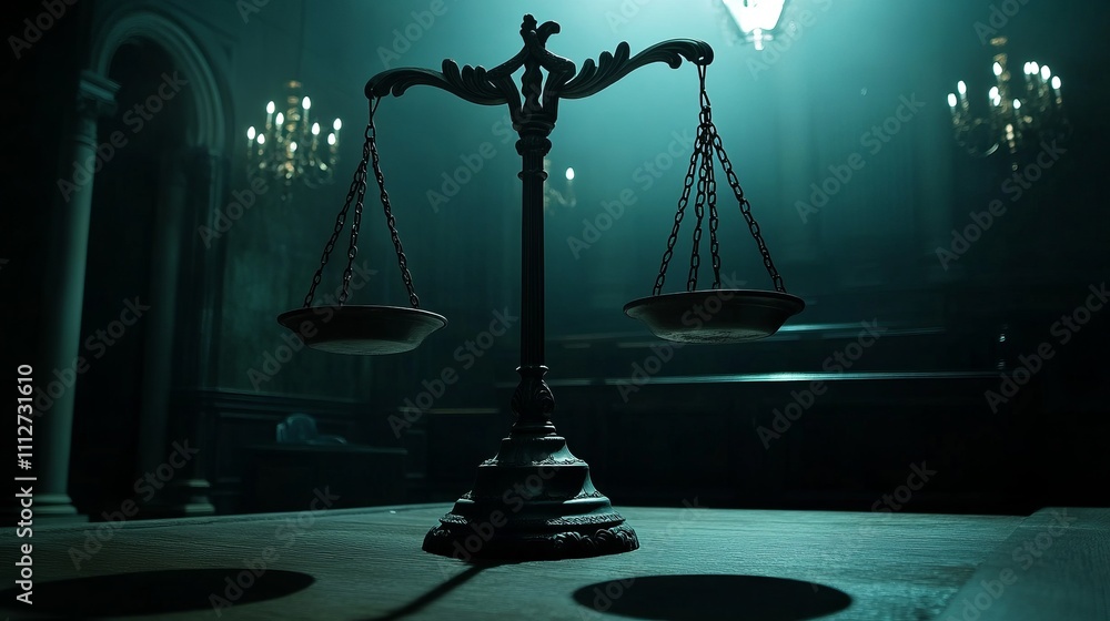 A scale of justice stands prominently in a dark courtroom, illuminated ...