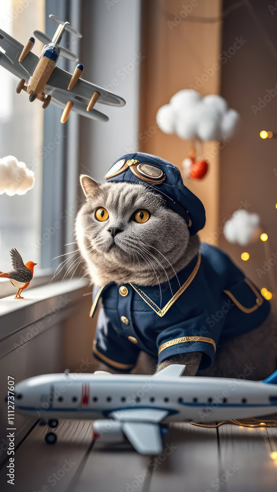 Cute british short hair cat dressed in a pilot's costume, looking out ...