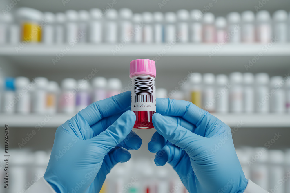 Test tube with a barcode, filled with medicine, placed against a clean ...