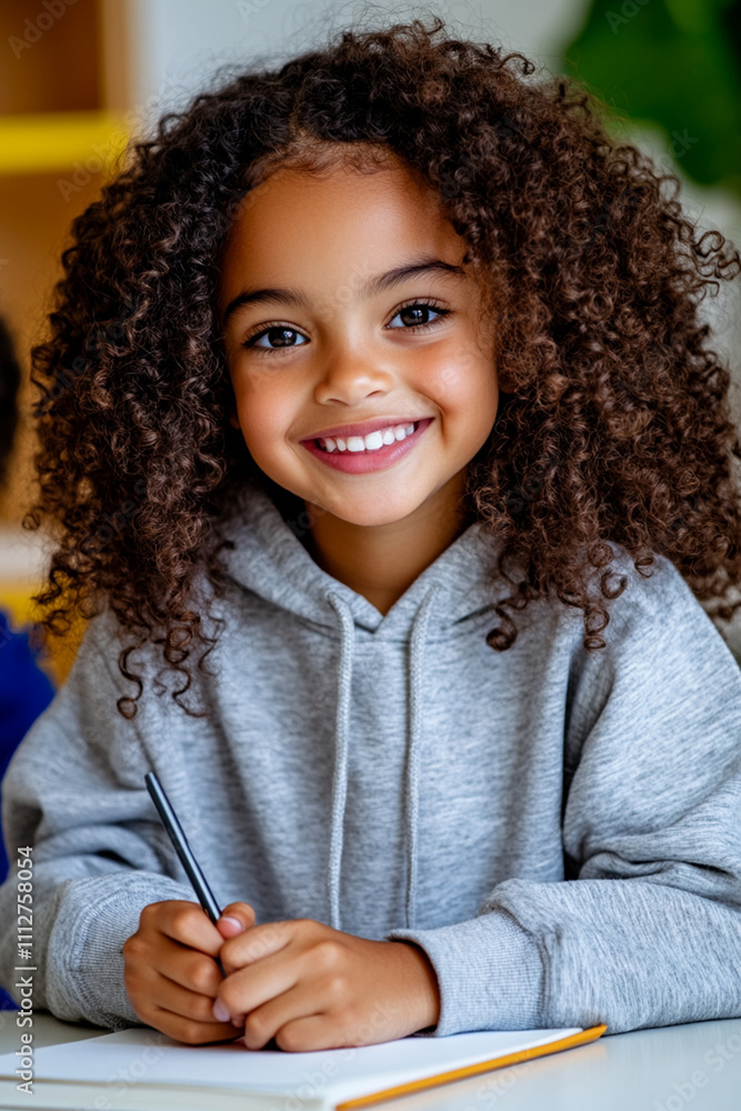 Happy African girl student with curly hair in a gray hoodie writing ...