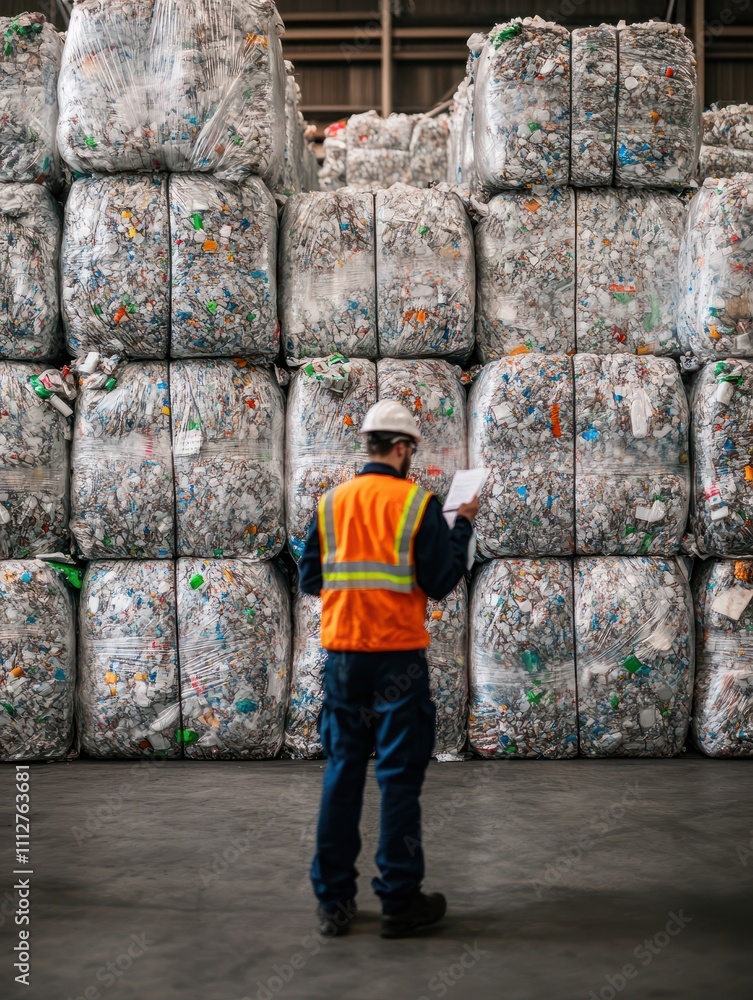 Worker examining bales of recycled plastic in recycling plant and ...