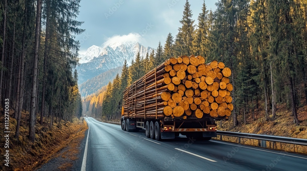 back view of long heavy industrial wood carrier cargo vessel truck ...