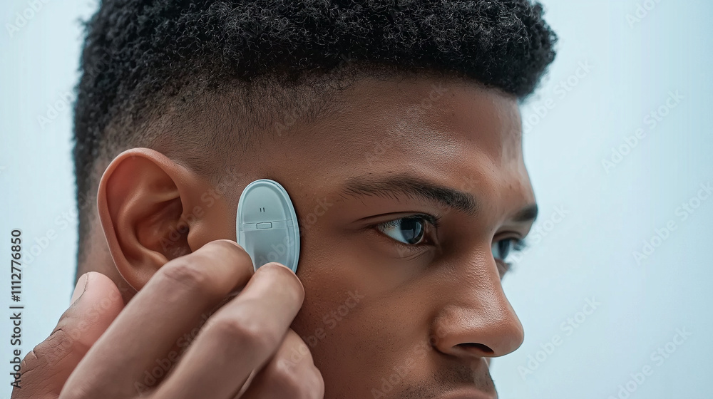 Doctor applying wireless eeg headset to patient's temple for brainwave ...
