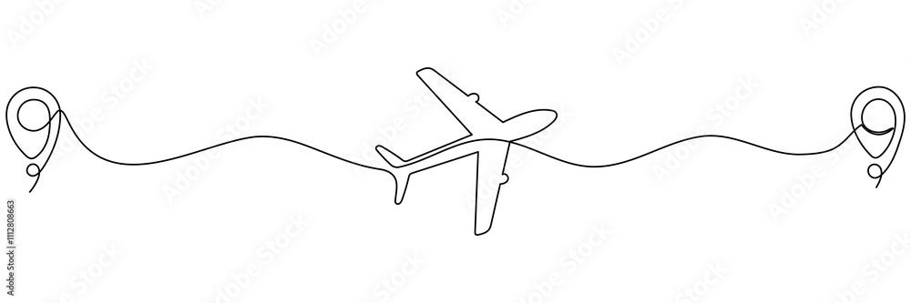 Airplane continuous line drawing with map pin pointer. Airplane flying ...