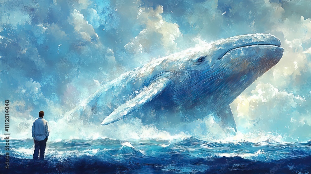 jonah and the whale watercolor of a man looking at a whale in the ocean ...