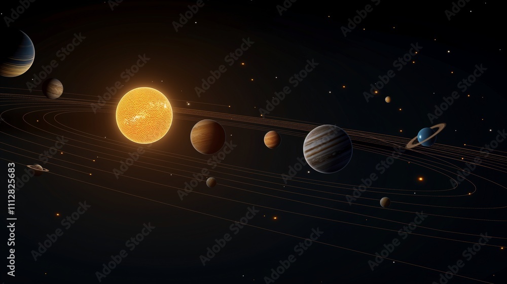Solar system model with sun and planets 3d rendering image. Fright hot ...
