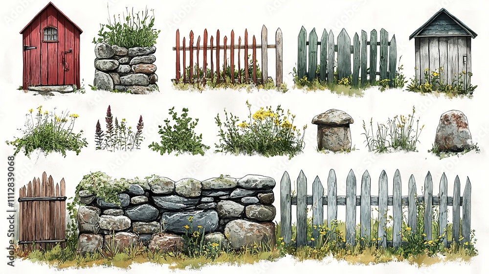 stone wall painted green grass element and wooden picket fence a ...