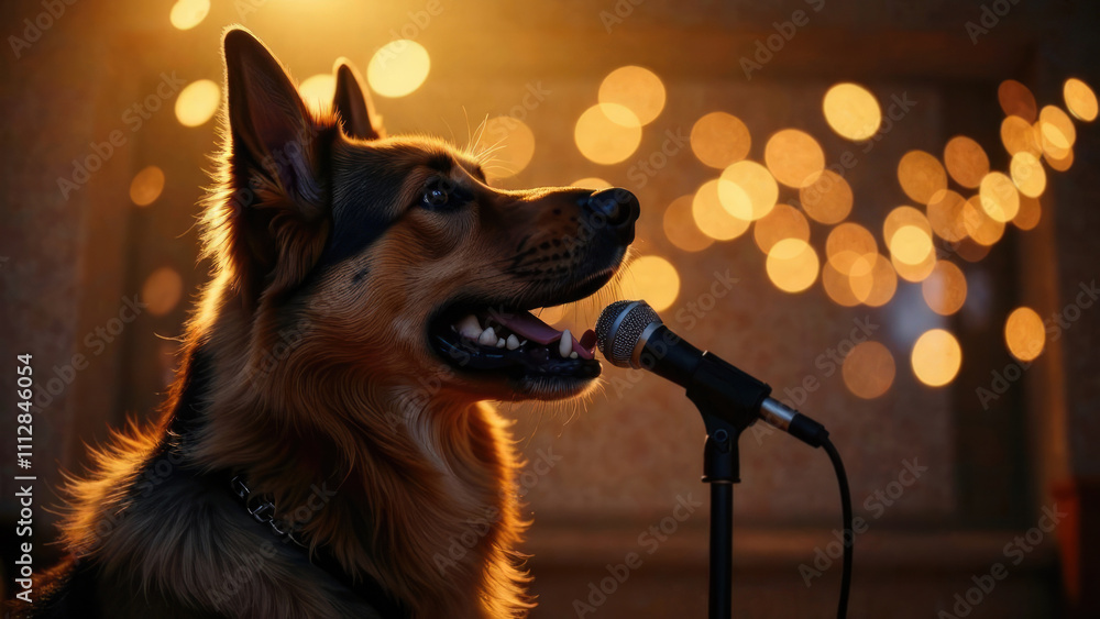 German shepherd Dog sings into a microphone against the blurred bokeh ...