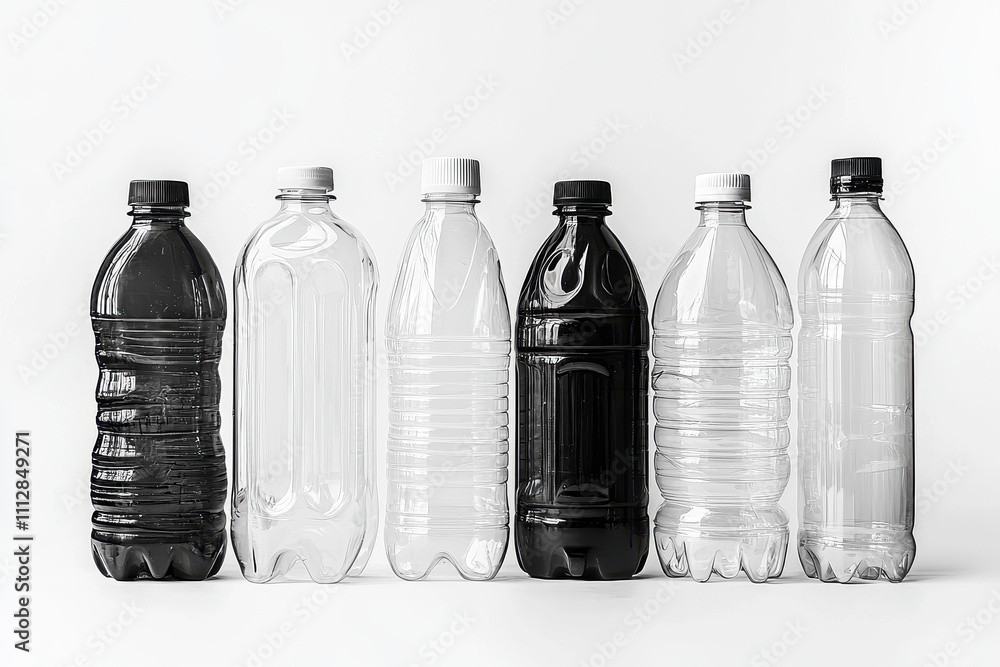 Plastic water bottles in various colors and designs arranged in row ...