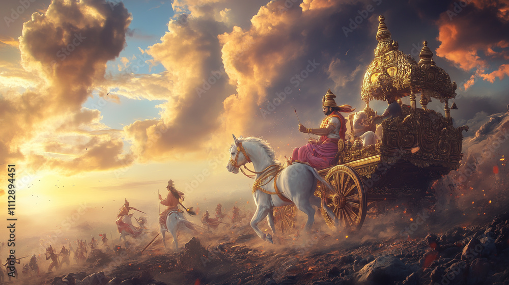 A depiction of Arjuna receiving the Bhagavad Gita from Lord Krishna on ...