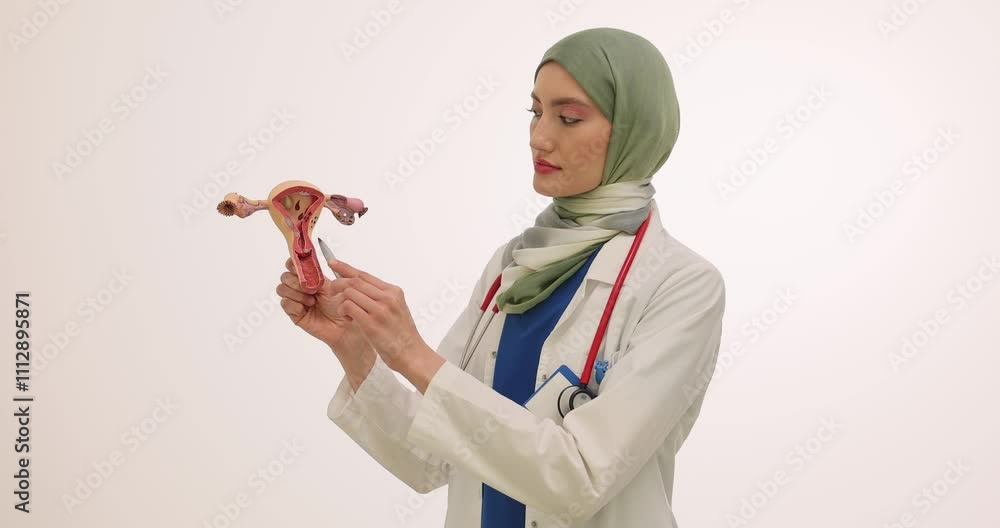 Muslim woman doctor points with pen to different parts of uterus model ...