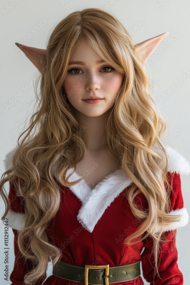 Beautiful Female Christmas Elf in Red Outfit with Blonde Hair Stock ...