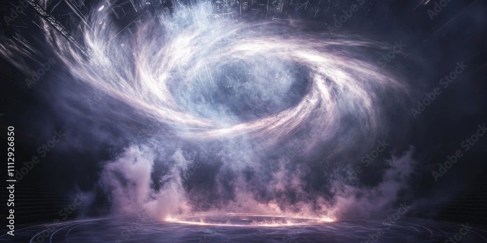 Dynamic swirl of radiant smoke enveloping an arena stage, intersected ...
