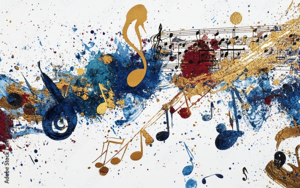 Musical Notes in Paint Splashes A floating cluster of musical notes and ...