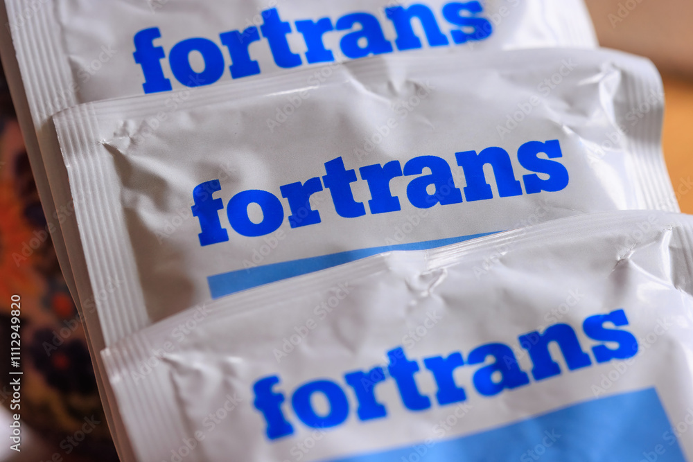 Packets of Fortrans on table. Fortrans is powder for oral solution ...