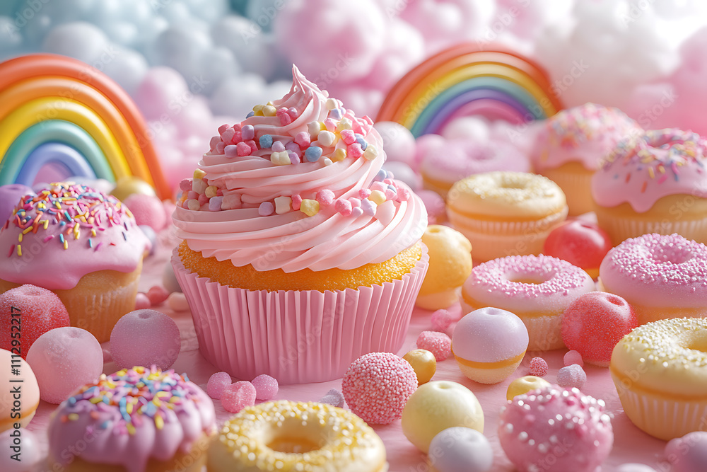 Candy-land fantasy with cupcakes, rainbow doughnuts, and candies, set ...