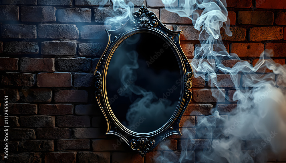 Mirror magical, fortune telling and fulfillment of desires. Brick wall ...
