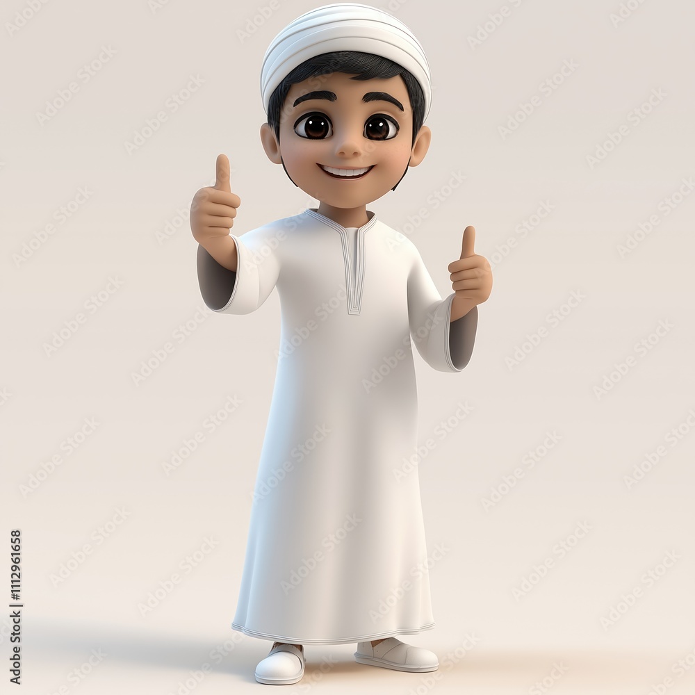 3D boy in white Muslim clothing gives thumbs up. Positive attitude ...