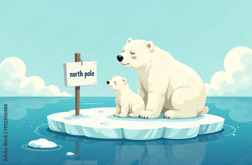 two sad polar bears on melting iceberg, mother and cub, surrounded by ...