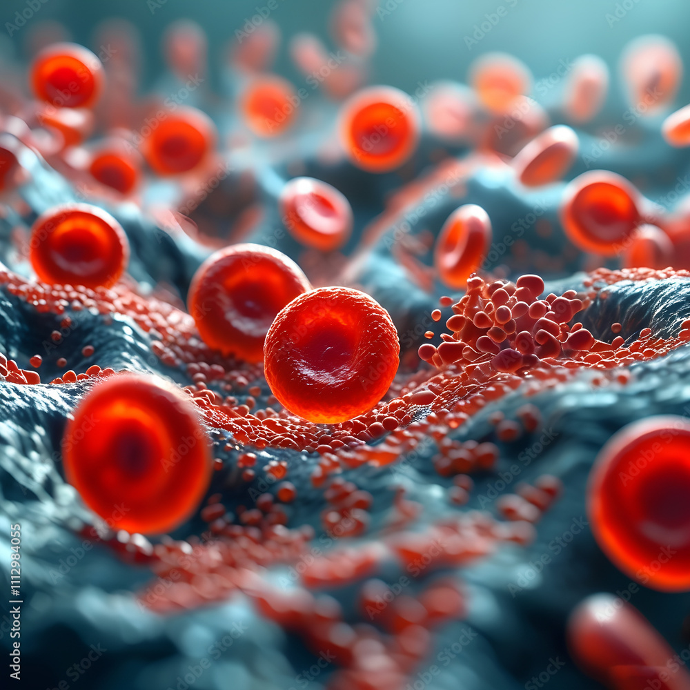 Red blood cells in the flow of blood. They are bright red, moving ...
