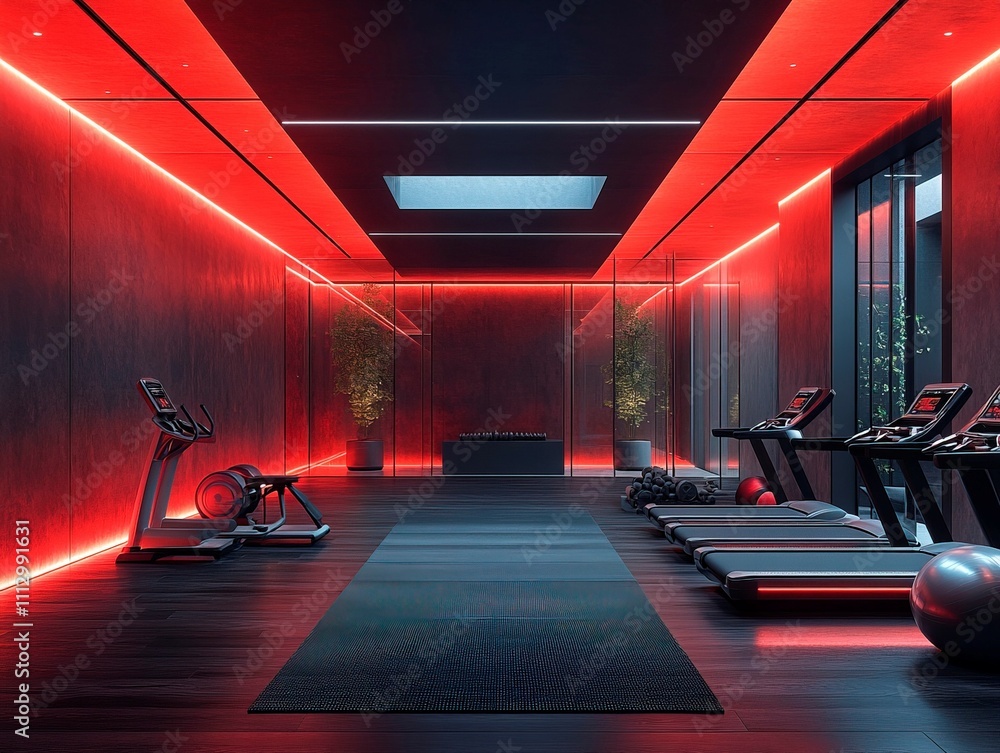 A modern gym with sleek lines, gray and red color scheme, featuring ...