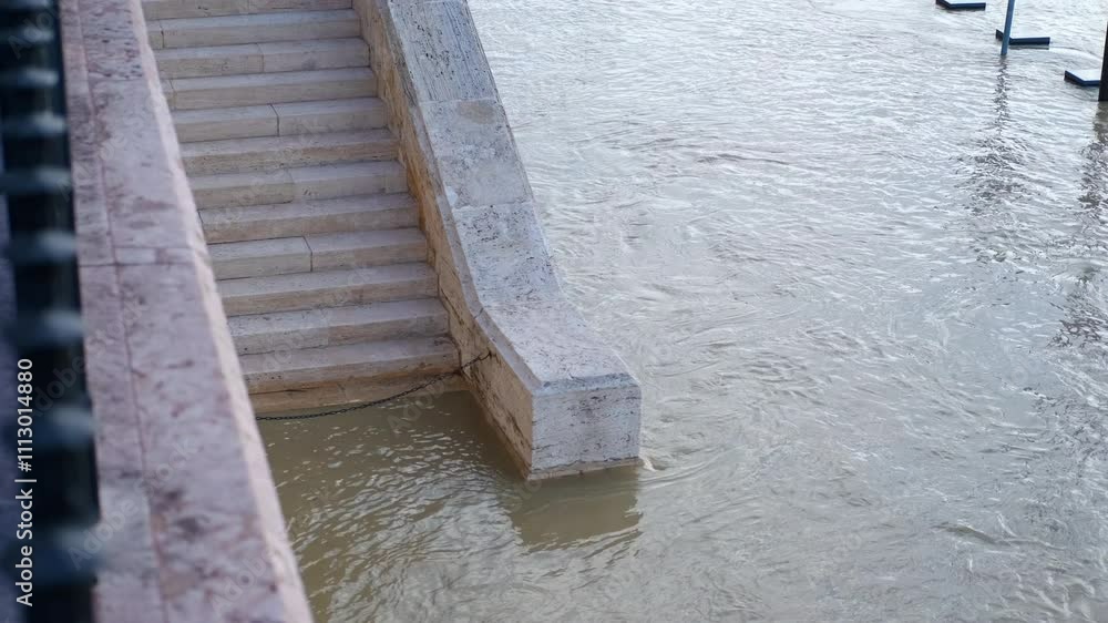 Natural disaster, flood. Water submerges the bottom steps of an urban ...