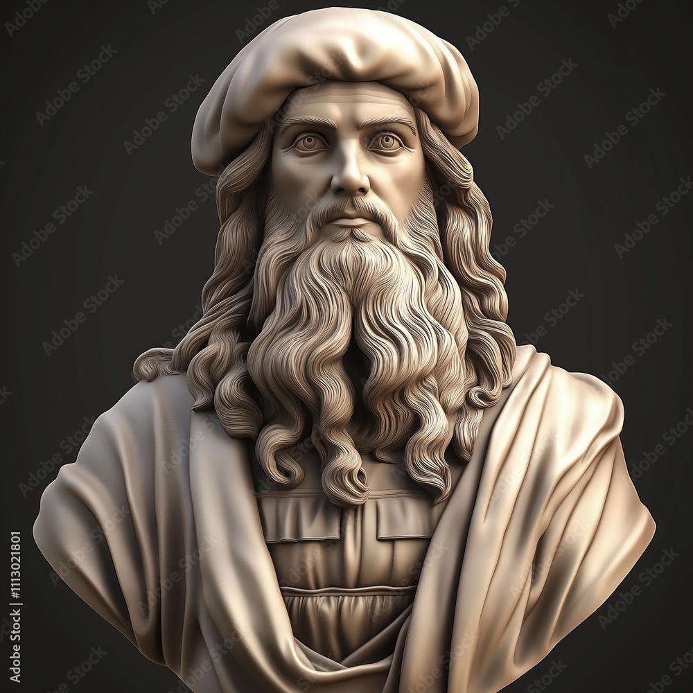 Realistic statue of Leonardo da Vinci. Detailed bust shows Renaissance ...