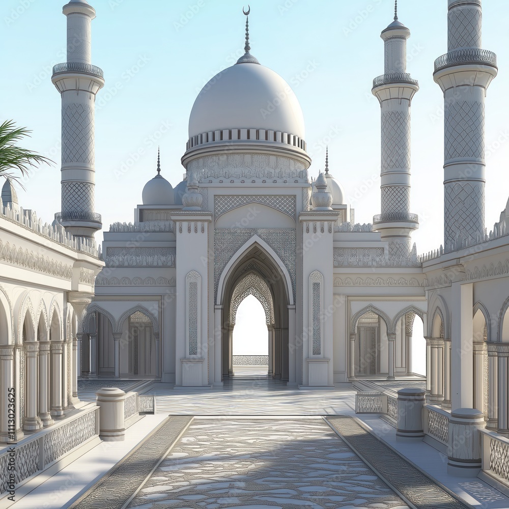 3D model of mosque exterior. Architectural design shows grand entrance ...