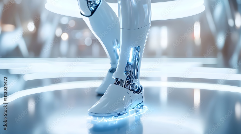 Futuristic robot with a broken leg using a metallic cane, hobbling down ...