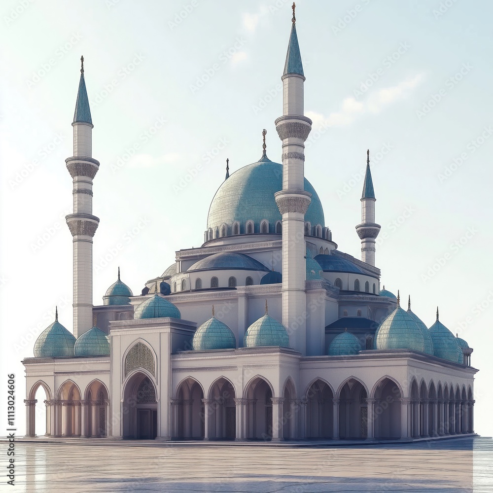 Large white mosque with light blue domes, minarets. Architectural ...