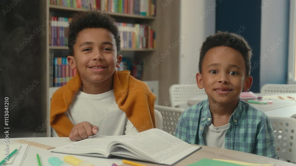 Smiling cute children African American kids brothers siblings friends ...