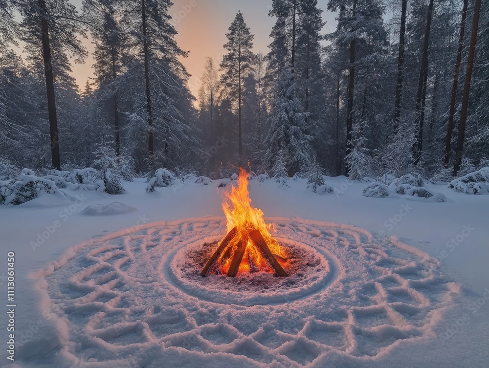Majestic bonfire in snowy forest creates warm center. Patterned snow ...
