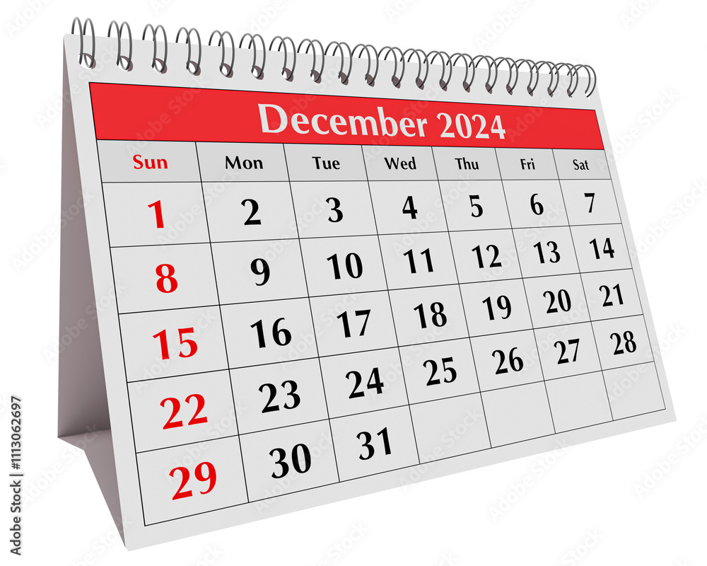 December 2024 calendar. Page of the annual business desk month winter ...