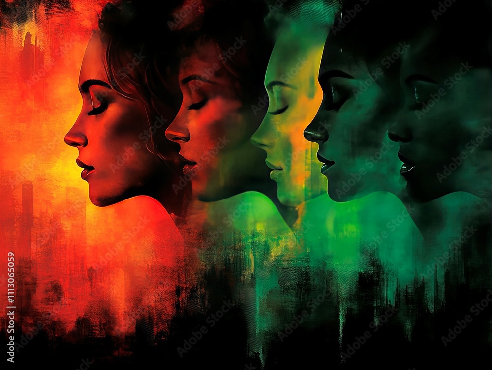 A vibrant, layered collage of faces, exhibiting an abstract and ...