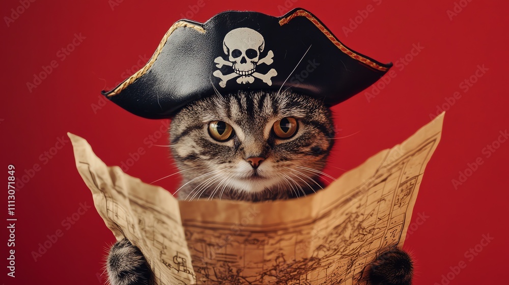 A tabby cat dressed as a pirate with a skull and crossbones hat stares ...