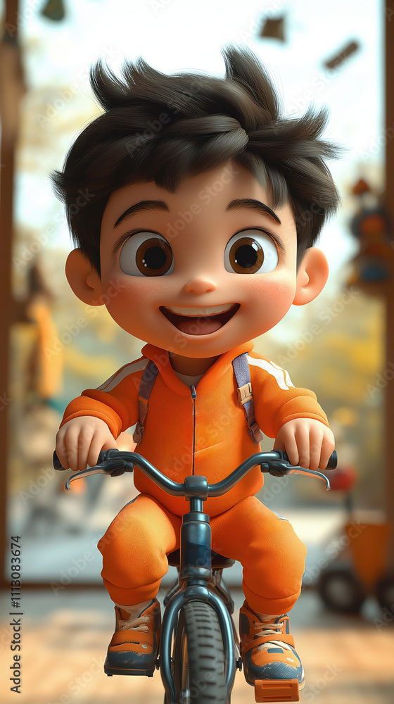 Cute cartoon boy enjoys cycling. Happy child rides balance bike ...
