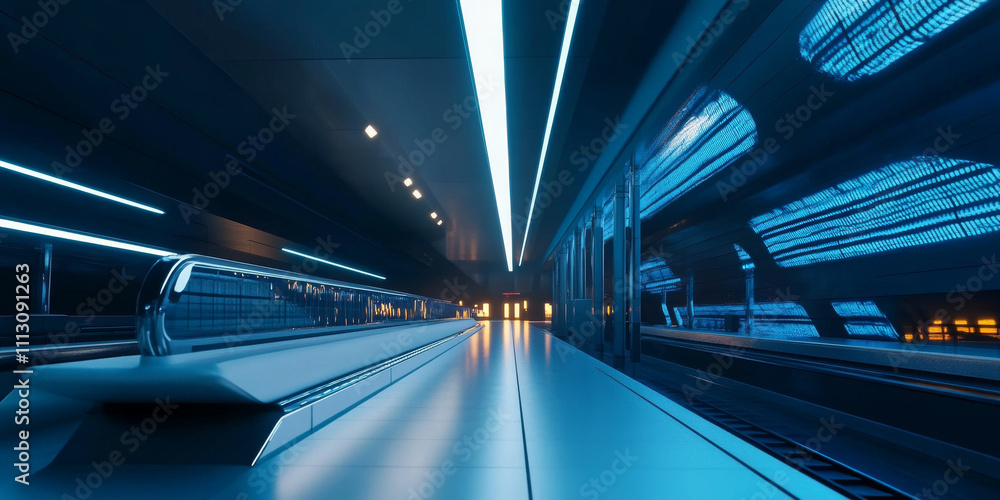 A futuristic high-speed train station with sleek design, glowing ...