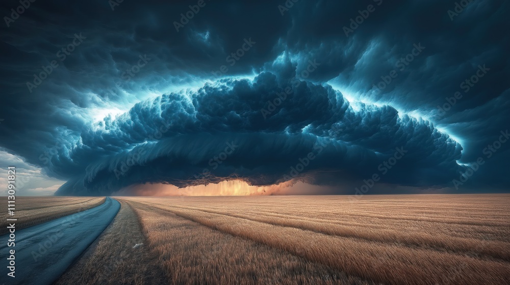 Dramatic storm clouds dominate Midwestern landscape. Massive storm cell ...