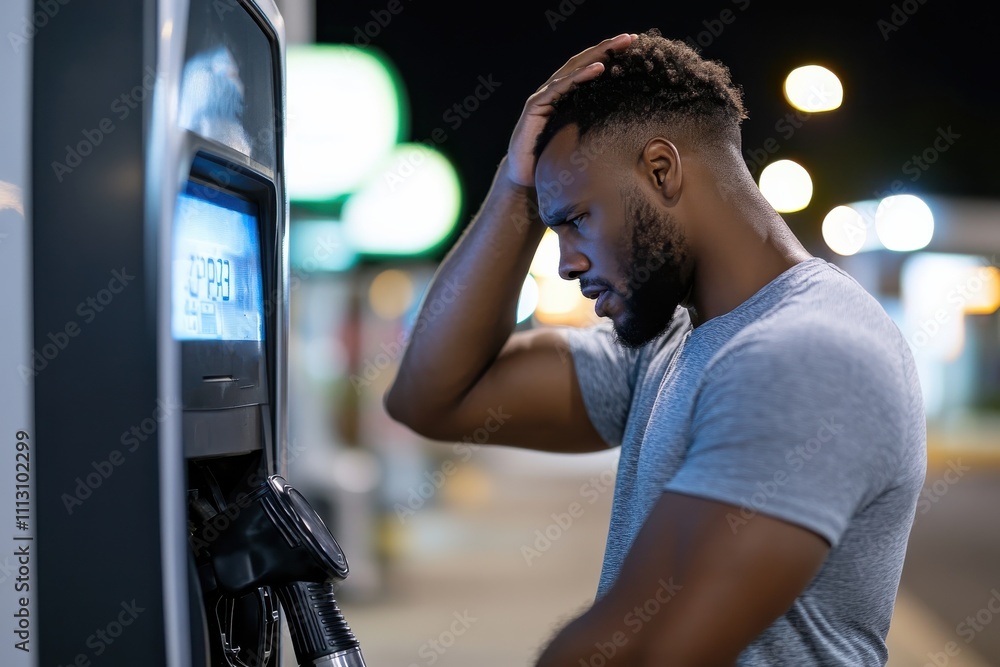 A worried man stands at a gas station, staring at the fuel pump with ...